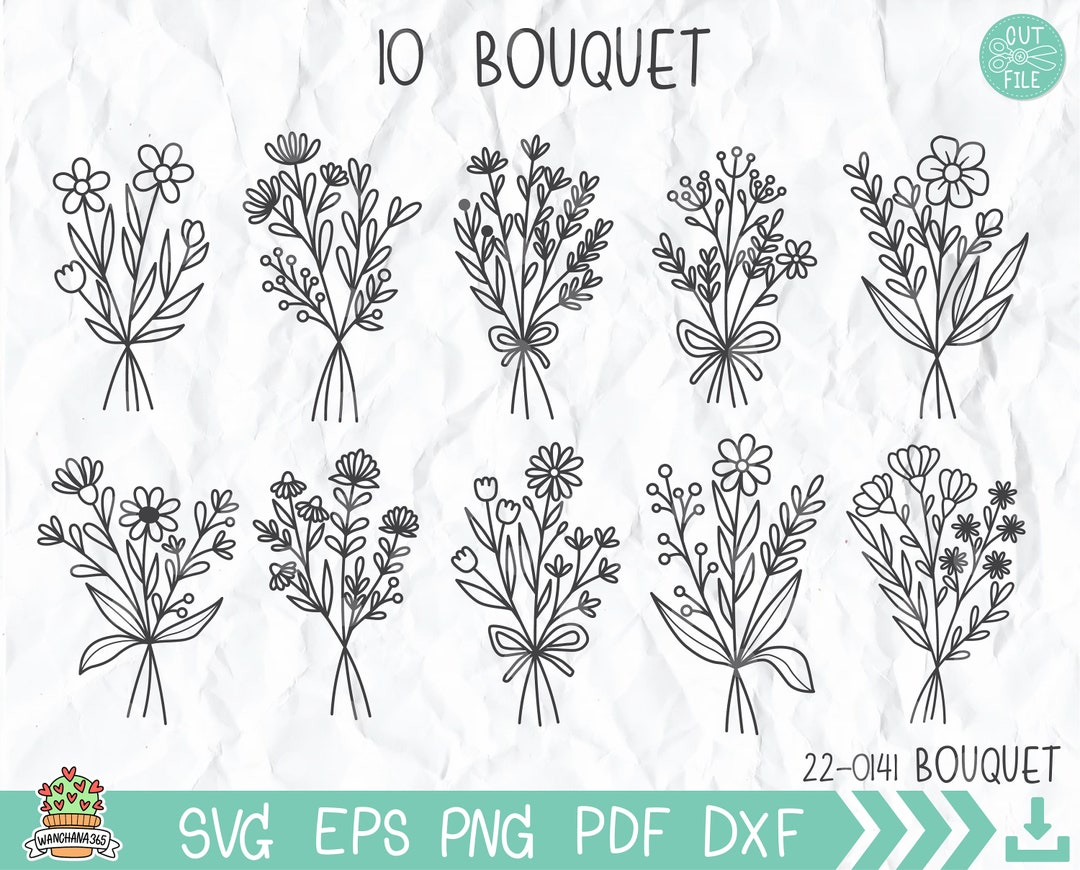 Floral Bundle Svg, Hand Draw Bouquet Svg Bundle, Flowers Svg Hand Drawn ...