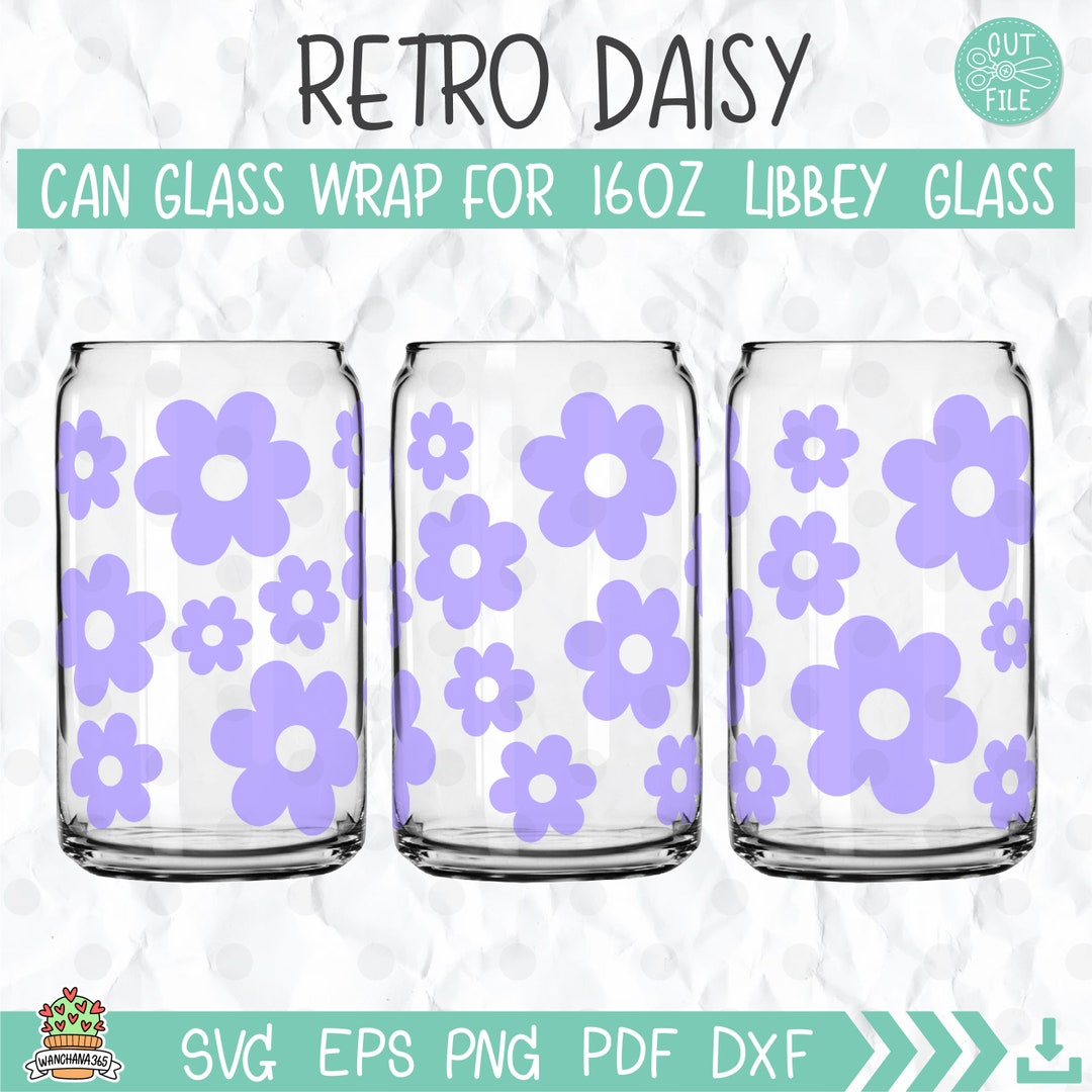 Retro Flowers Pattern Libbey Glass Can Wrap, Groovy 16oz Libbey ...