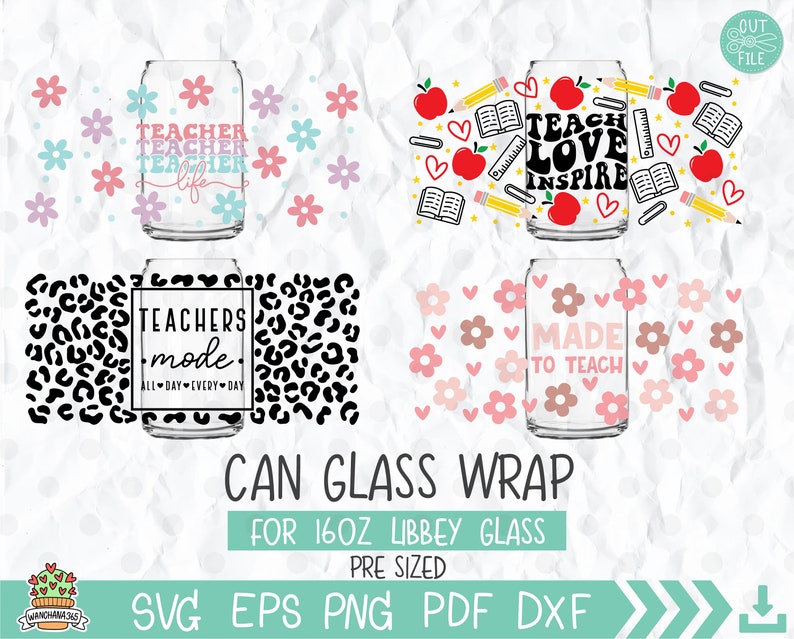 Teacher Glass Can Wrap SVG Bundle: Floral 16oz Libbey (digital Files ...