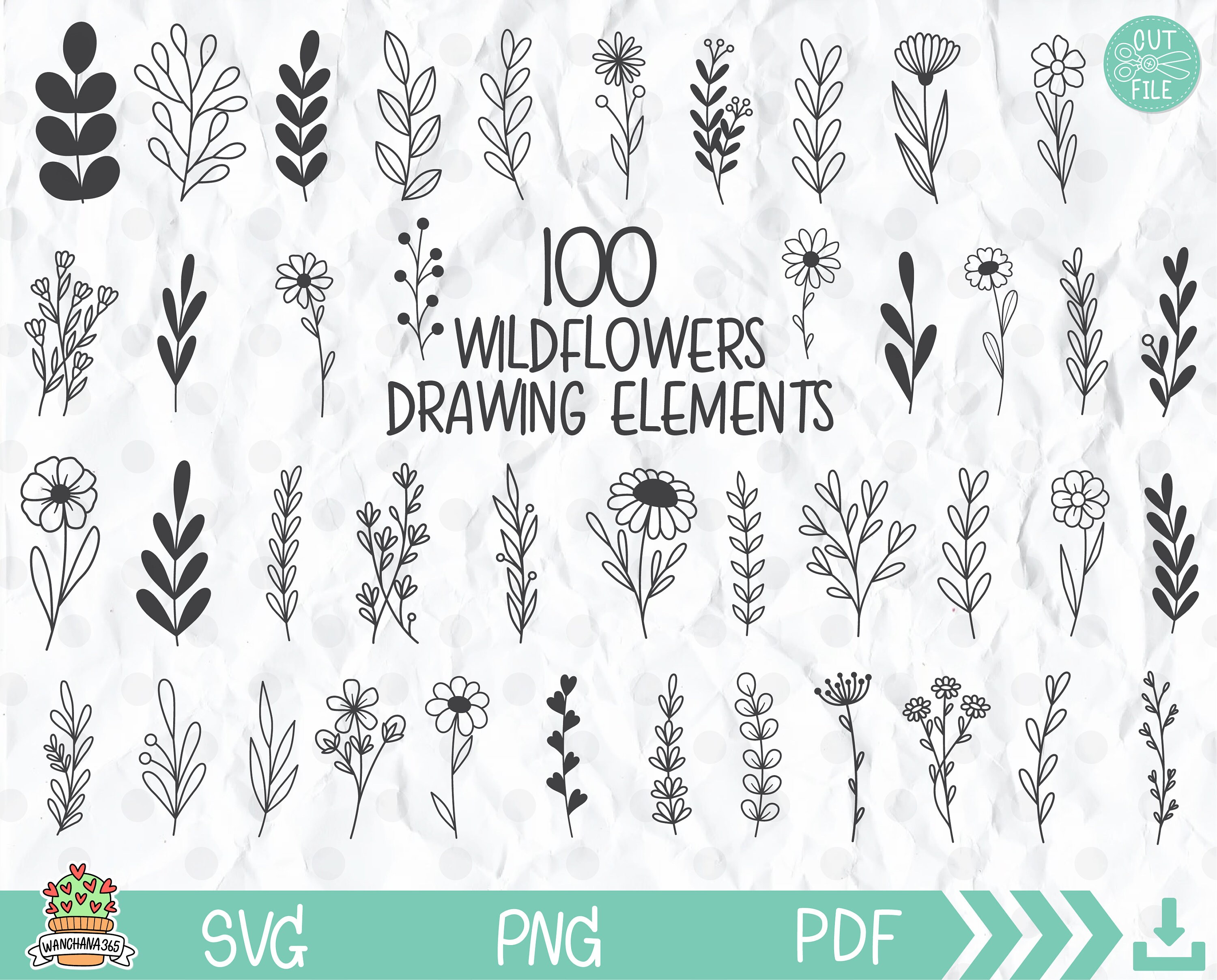 100 Wildflower Svg Bundle Hand Drawn Wildflowers Png Leaves - Etsy