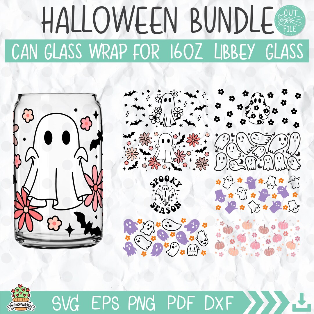 Halloween Ghost Can Glass SVG Bundle: Floral 16oz Libbey Wrap (digital ...