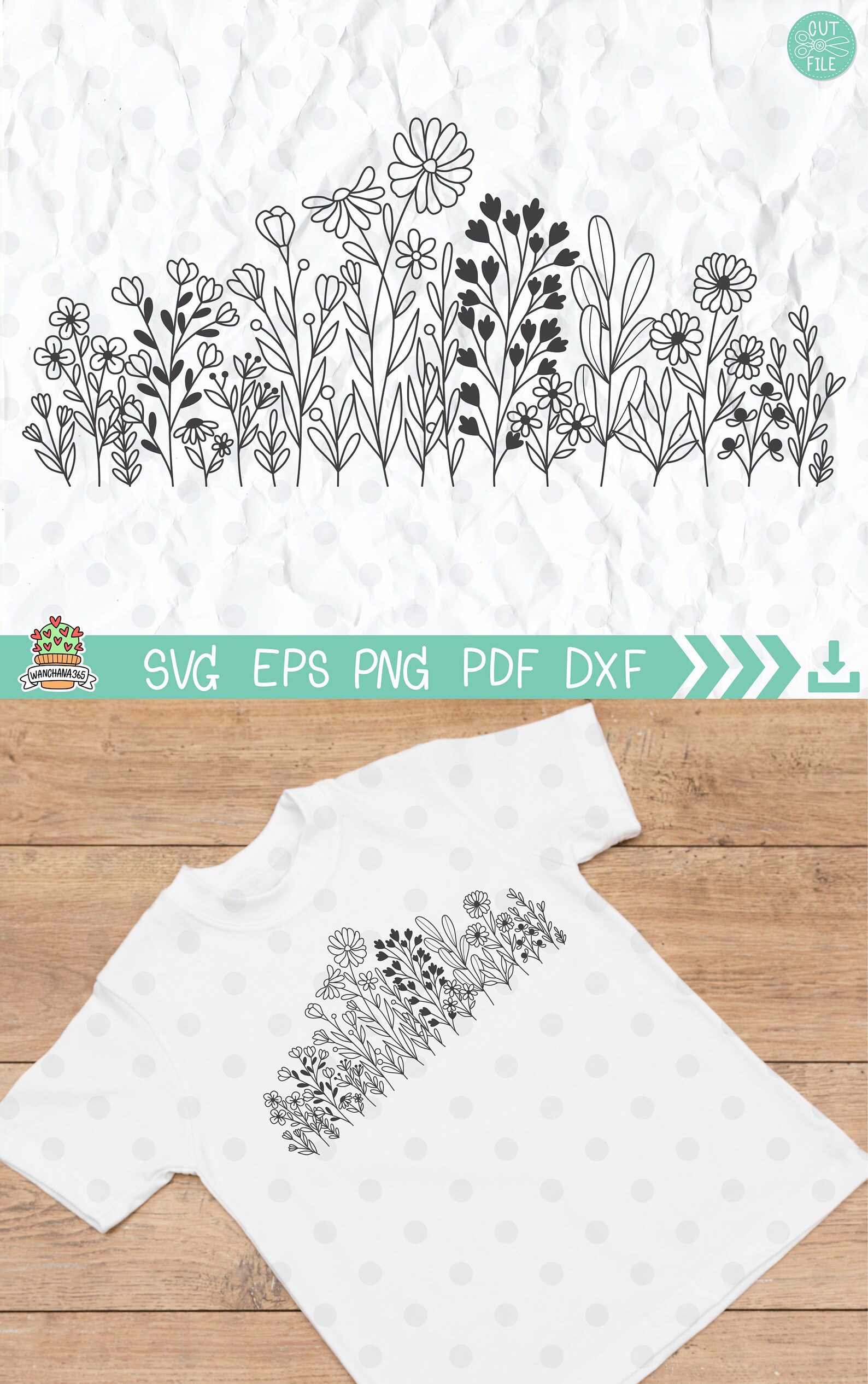 Wildflower Svg Wildflowers Meadow Border Svg Flowers and | Etsy