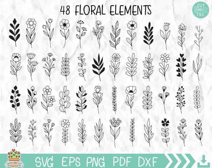 Botanicals Svg Bundle, Hand Drawn Flower Svg, Floral Vector, Branches ...