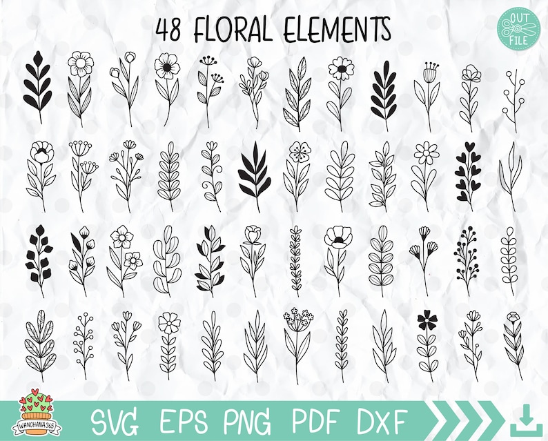 Floral Elements SVG: Hand-drawn Flowers & Leaves Clipart (digital ...