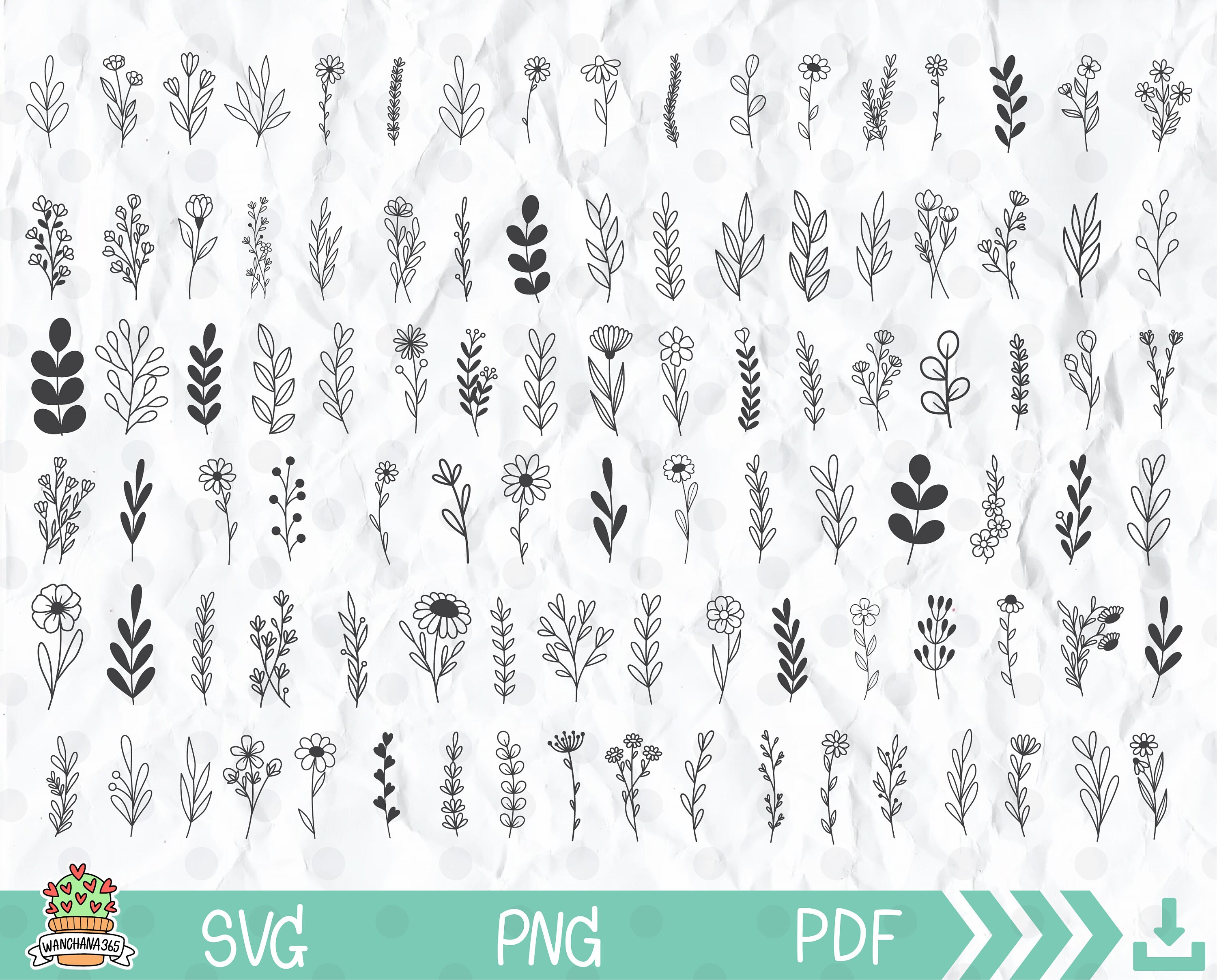 100 Wildflower Svg Bundle Hand Drawn Wildflowers Png Leaves - Etsy