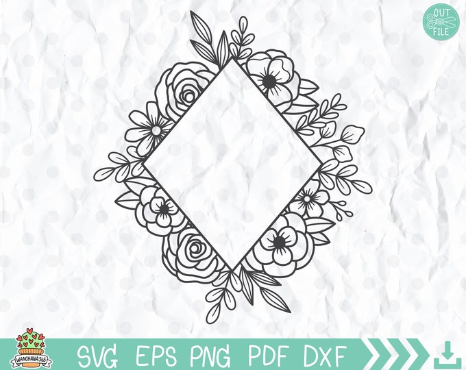 Floral Frame SVG, Floral Frame Cut File, Diamond Flower Frame, Floral ...