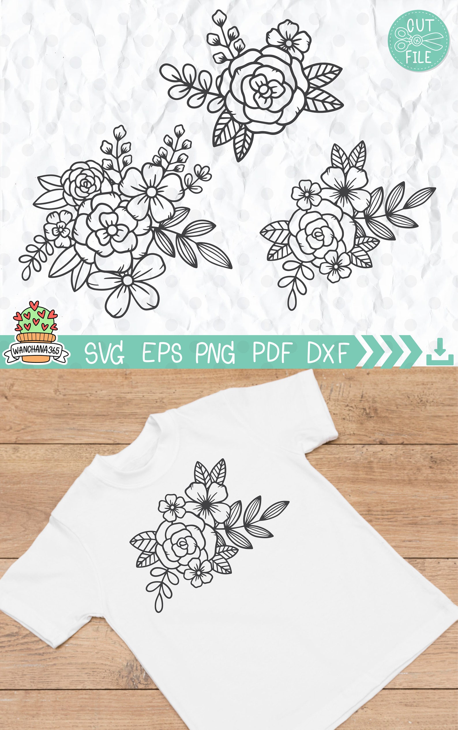 Hand Drawn Flowers Bundle Svg Floral Frame Svg Rose Bouquet - Etsy