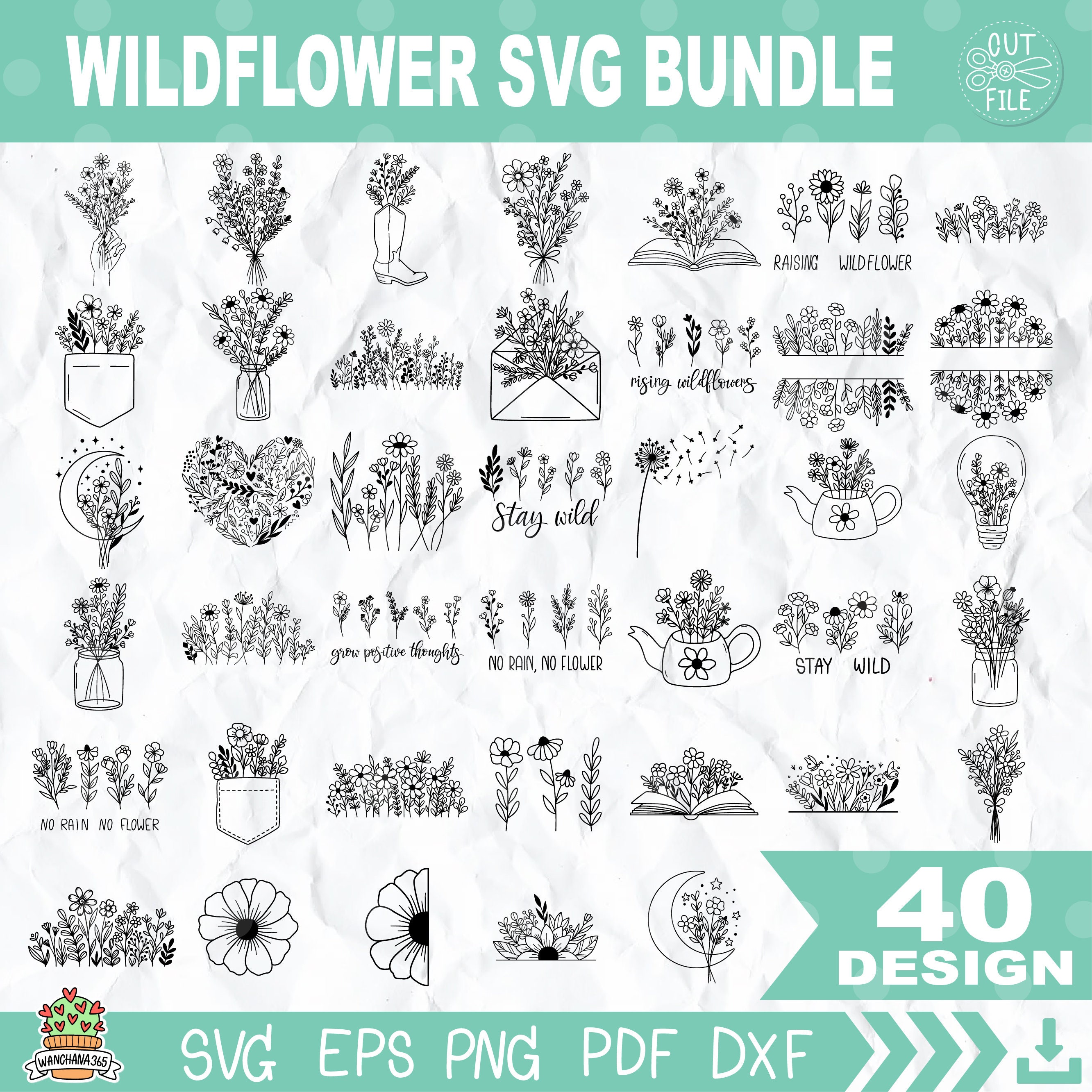 Wildflower SVG Bundle: Floral Moon, Bouquet Cut Files (digital Download ...
