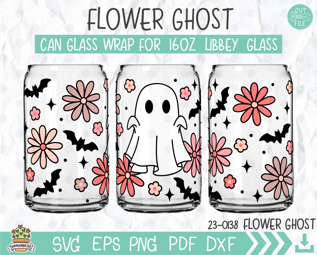 Flower Ghost Libbey Glass Can Full Wrap 16 Oz Svg, Retro Flower Ghost ...