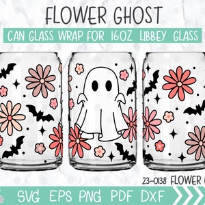 Flower Ghost Libbey Glass Can Full Wrap 16 Oz Svg, Retro Flower Ghost ...