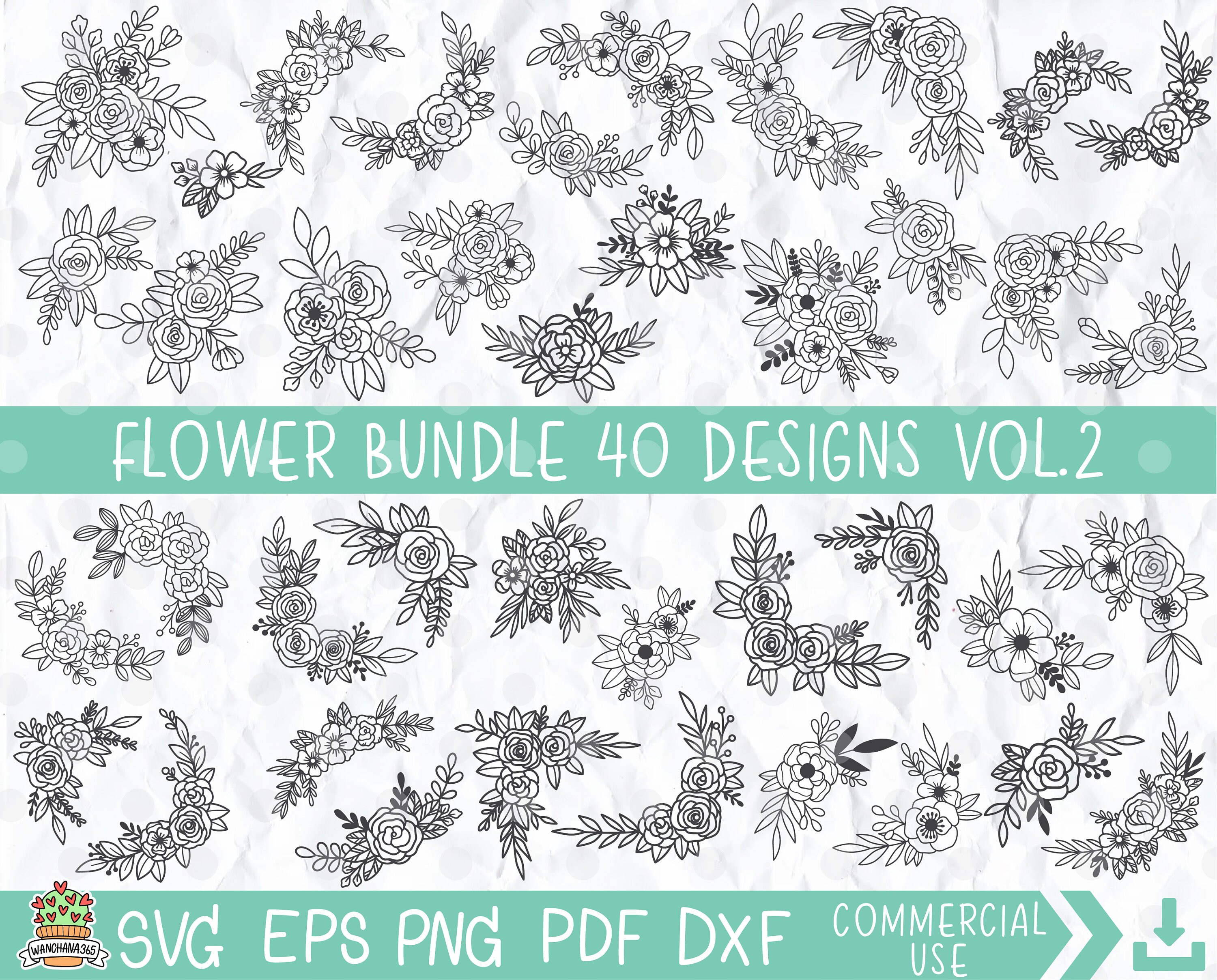 Hand Drawn Flowers Bundle Svg Floral Frame Svg Rose Bouquet - Etsy