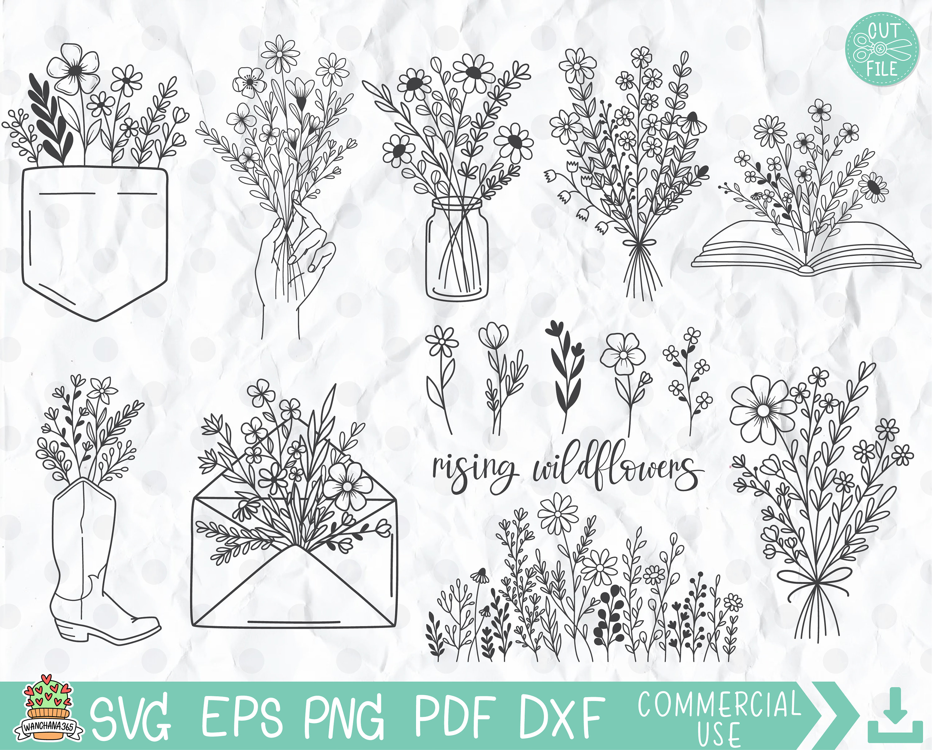 Hand Drawn Wildflower Bundle Svg Bouquet Wildflower - Etsy