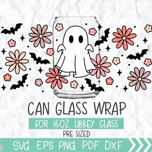 Flower Ghost Libbey Glass Can Full Wrap 16 Oz Svg, Retro Flower Ghost ...