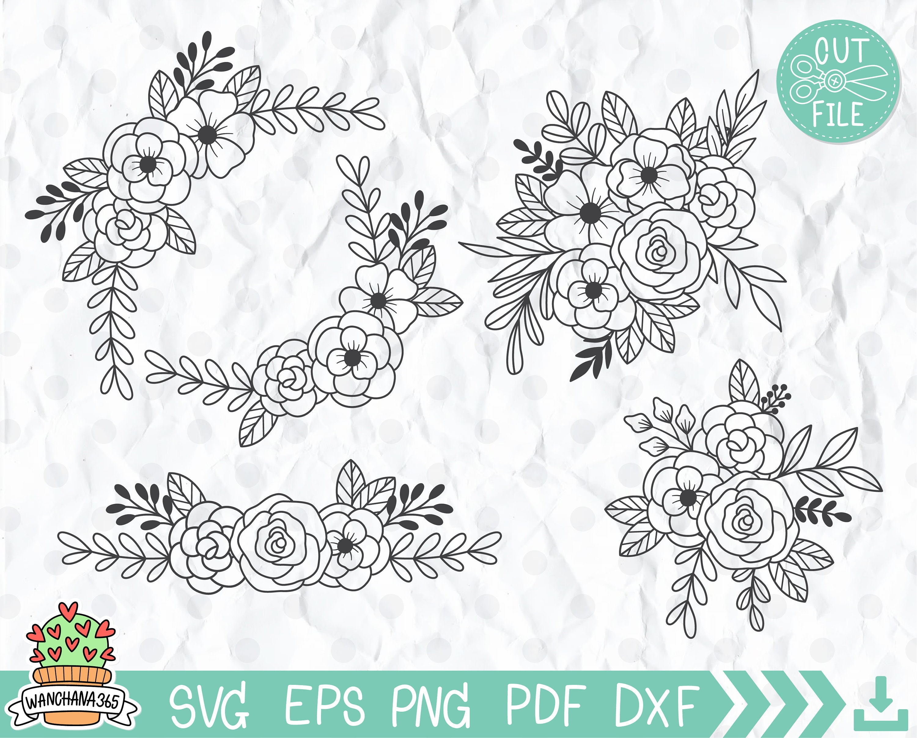 Hand Drawn Flowers Bundle Svg Floral Frame Svg Rose Bouquet - Etsy