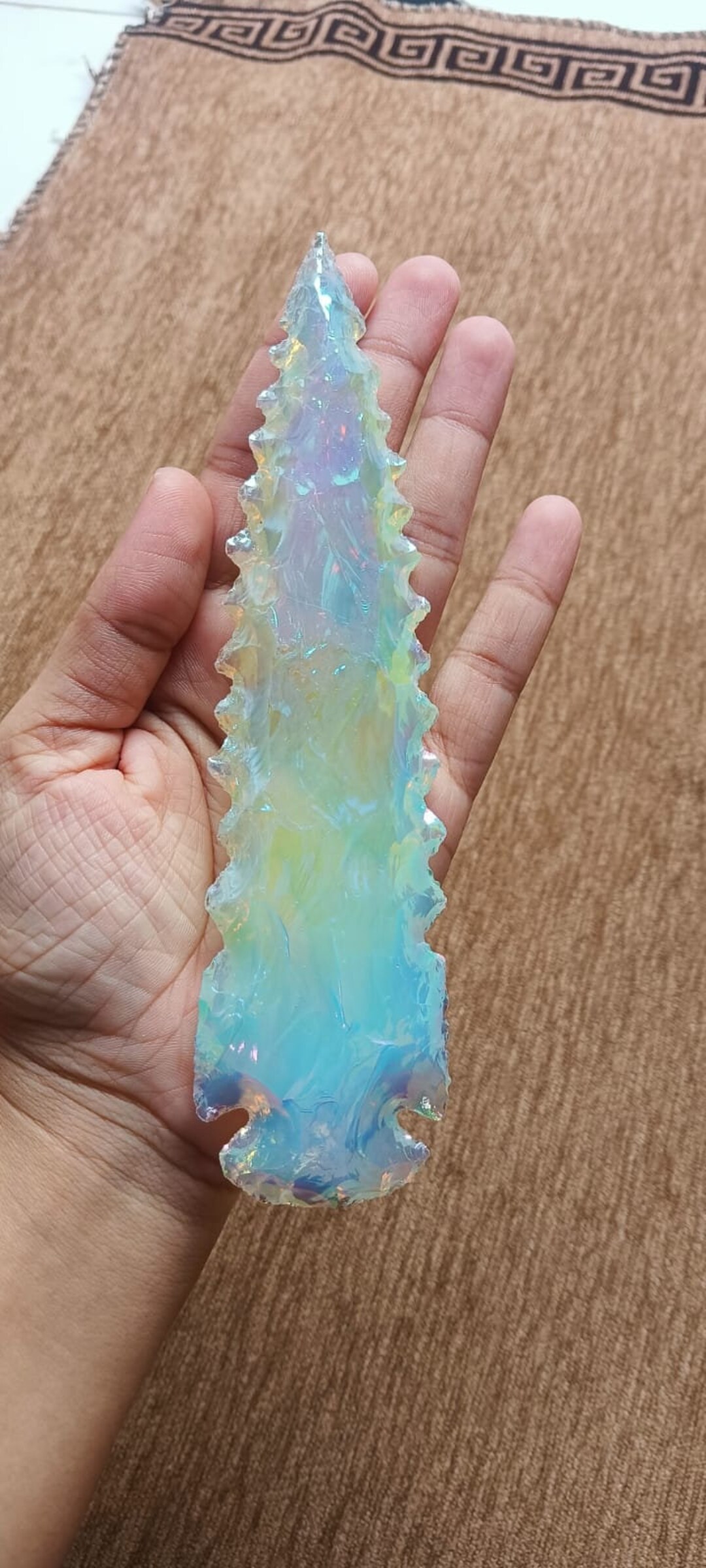 Handmade Opalite Aura Quartz Arrowhead: Titanium Coated Crystal Carving ...