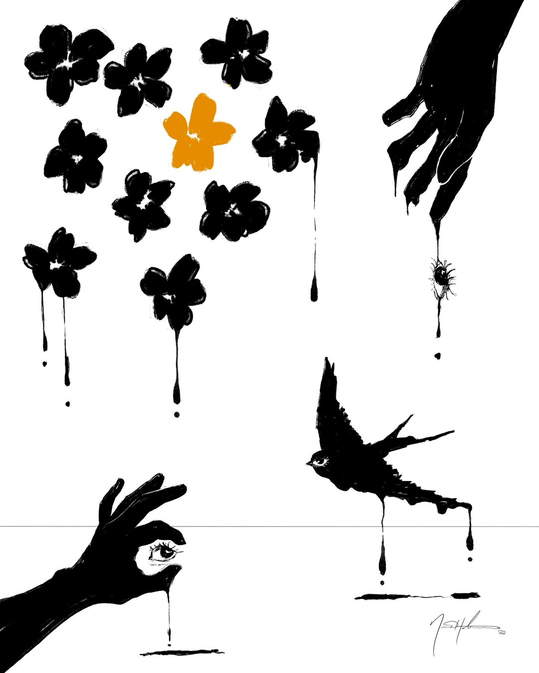 Melting Birds Black and White Surrealism Ink Art - Etsy