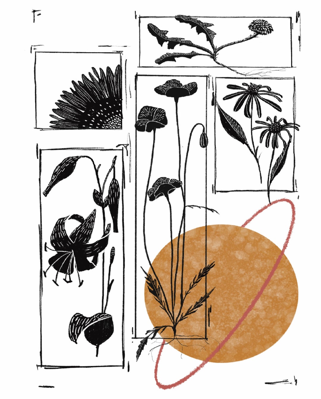 Lino Cut Botanicals Planets Ink Artwork Print - Etsy