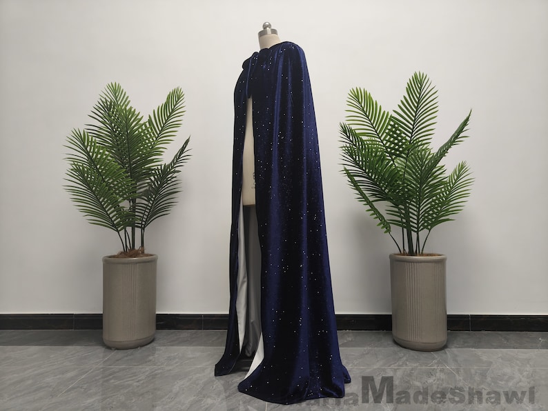 Medieval Wedding Velvet Cloak, Blue Sequin Velvet Cloak, Hooded Cloak ...