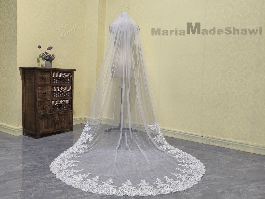 Simple Wedding Lace Veil, Cathedral One Layer Bridal Veil, White Ivory ...