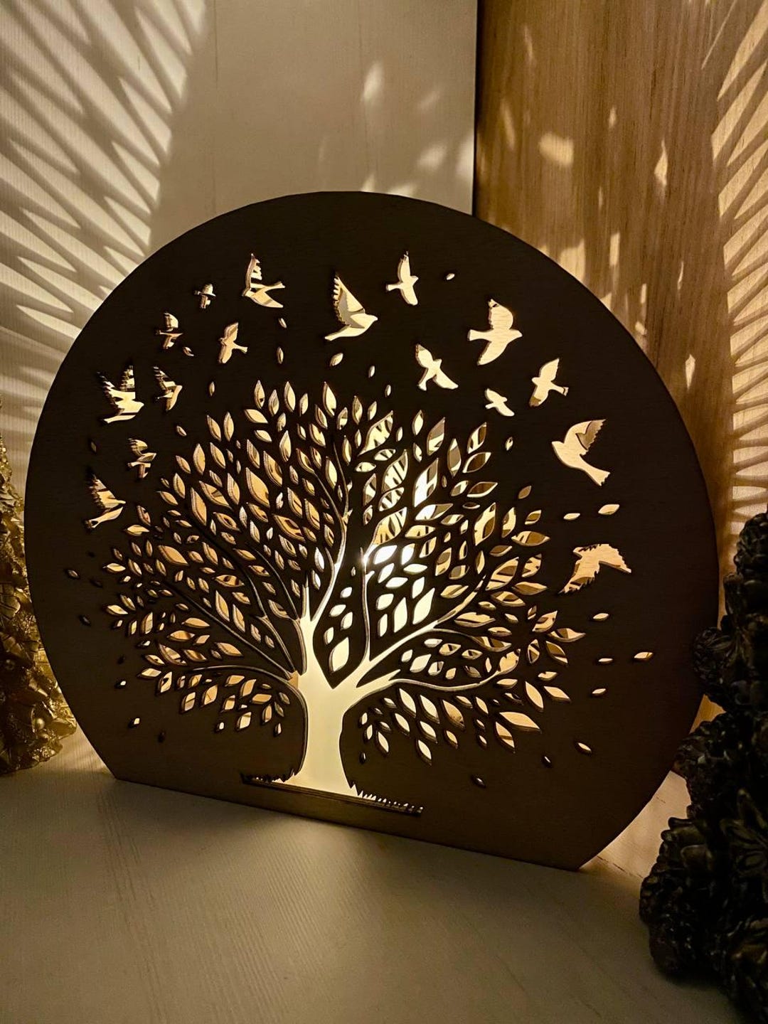 Decorative Tree Night Light Lamp Wooden Lantern Vector Plan Pattern ...