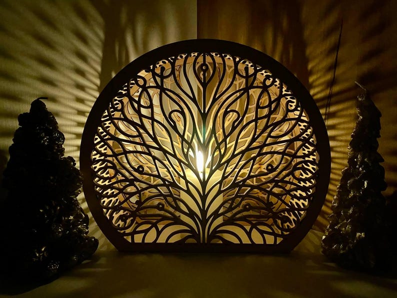 Decorative Tree Night Light Lamp Wooden Lantern Vector Plan Pattern ...