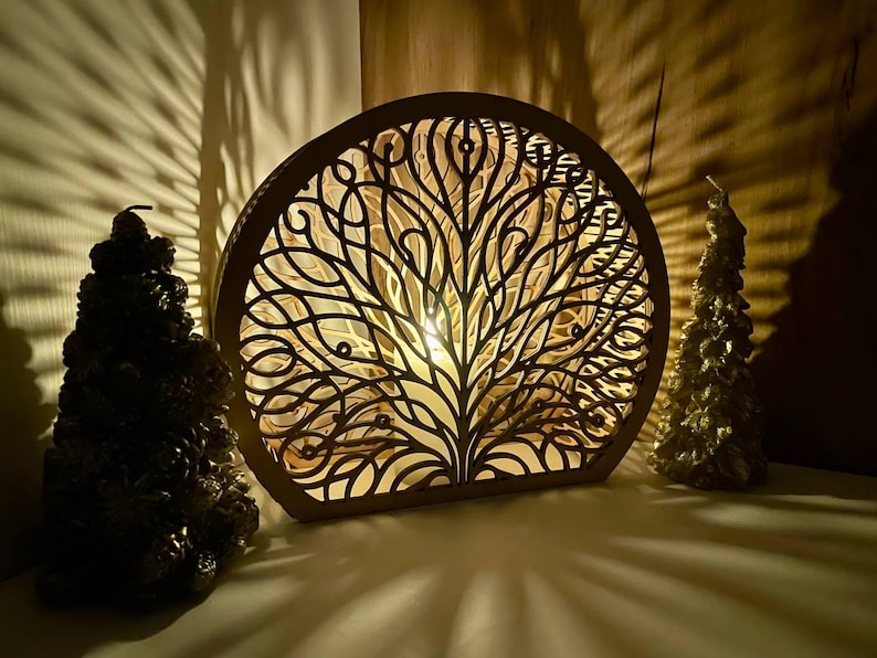 Decorative Tree Night Light Lamp Wooden Lantern Vector Plan Pattern ...