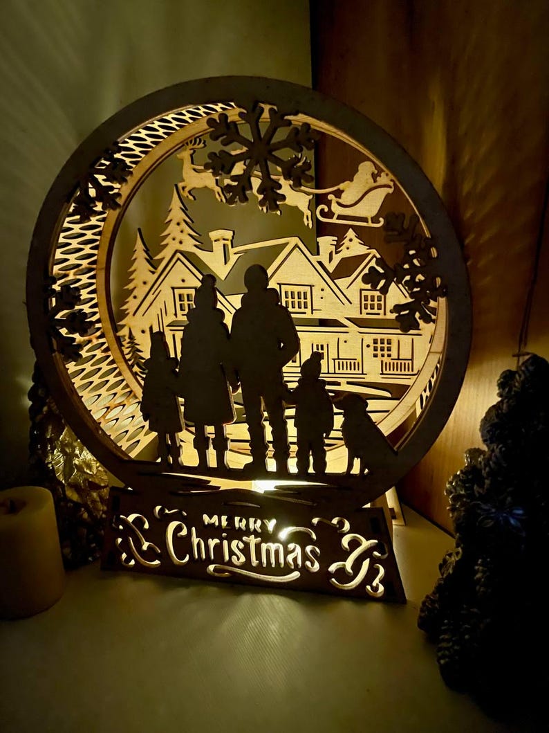 Scene Christmas Lantern With Family Customized Laser Cut Lamp Snowy ...