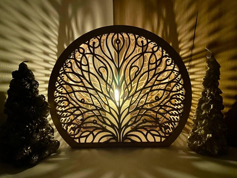 Decorative Tree Night Light Lamp Wooden Lantern Vector Plan Pattern ...
