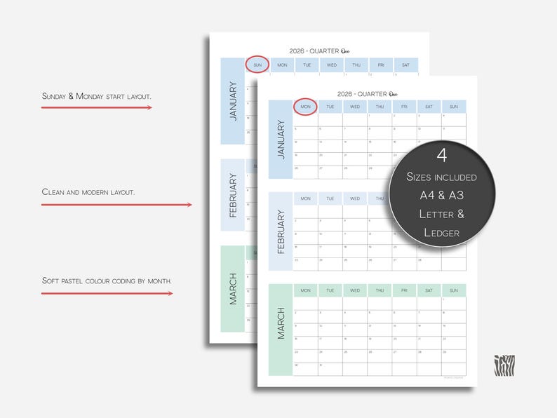 2026 Quarterly Calendar Printable | A3 A4 Letter Ledger Sizes With ...