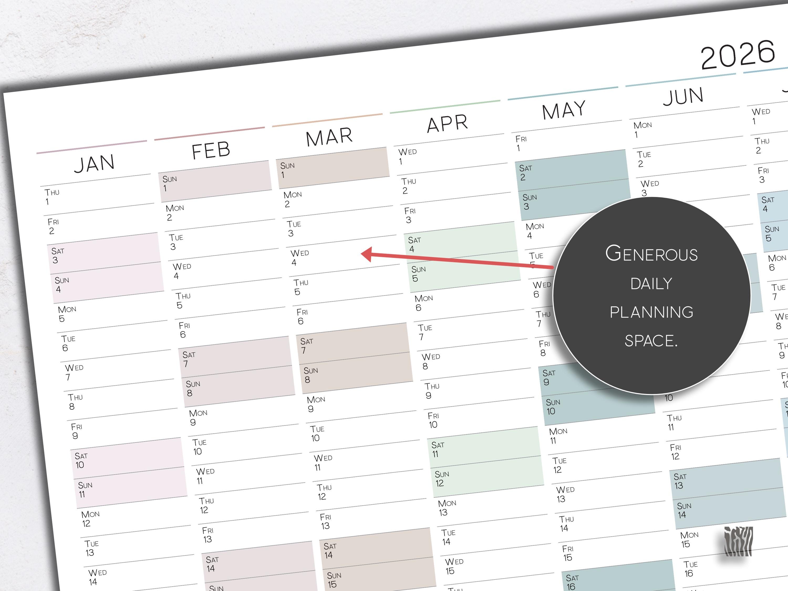 2026 Printable Yearly Wall Calendar - A1 A2 A3 Modern Year at A Glance ...