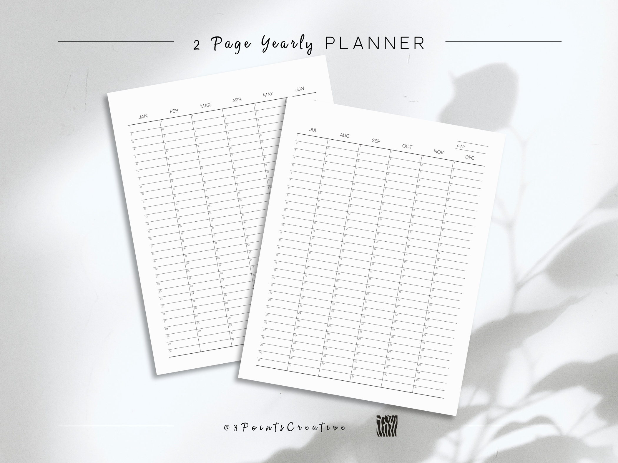 Printable Yearly Undated Minimalist Planner on Two Pages. Blank Monthly ...