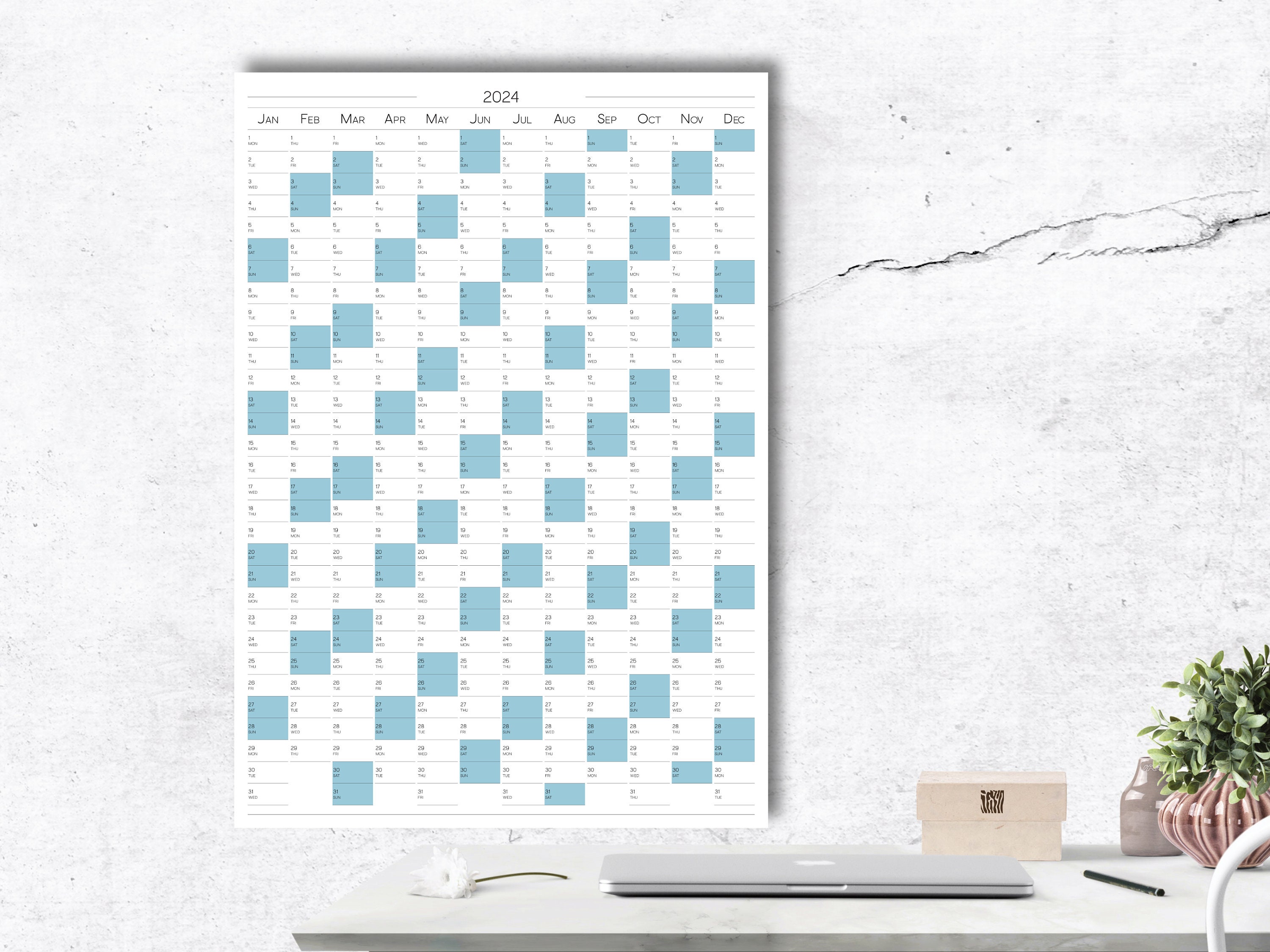 Printable Large Wall Calendar for 2024 in a Minimalist Blue Design ...