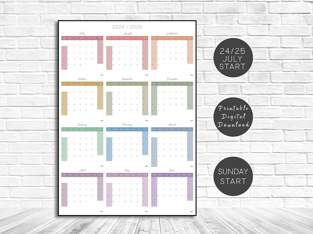 2024-2025 Printable July Wall Calendar, Sunday Start Academic Wall ...