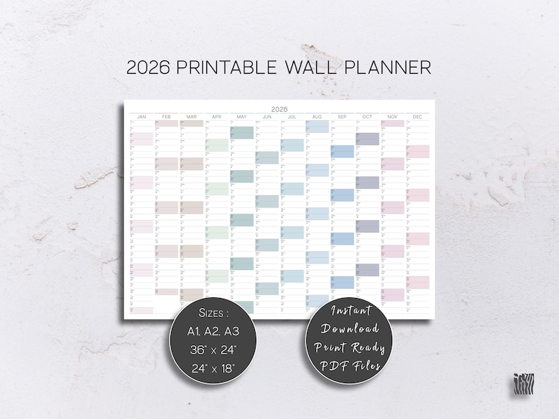 2026 Printable Yearly Wall Calendar - A1 A2 A3 Modern Year at A Glance ...