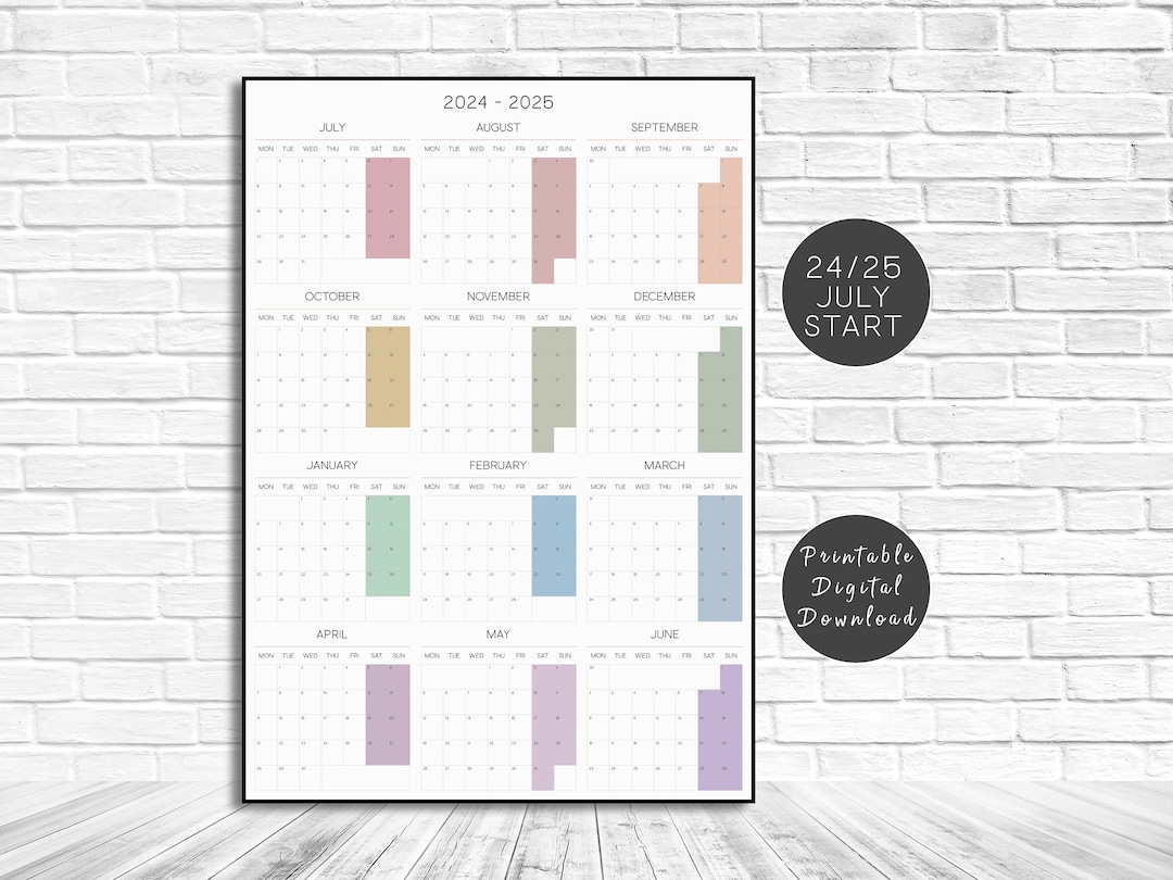 2024-2025 Printable July Wall Calendar, Monday Start Academic Wall ...