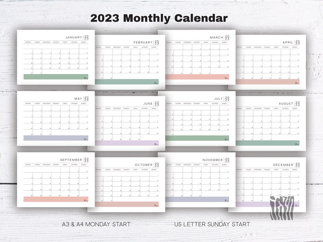 2023 Printable Minimalist Calendar With a Sunday and Monday - Etsy