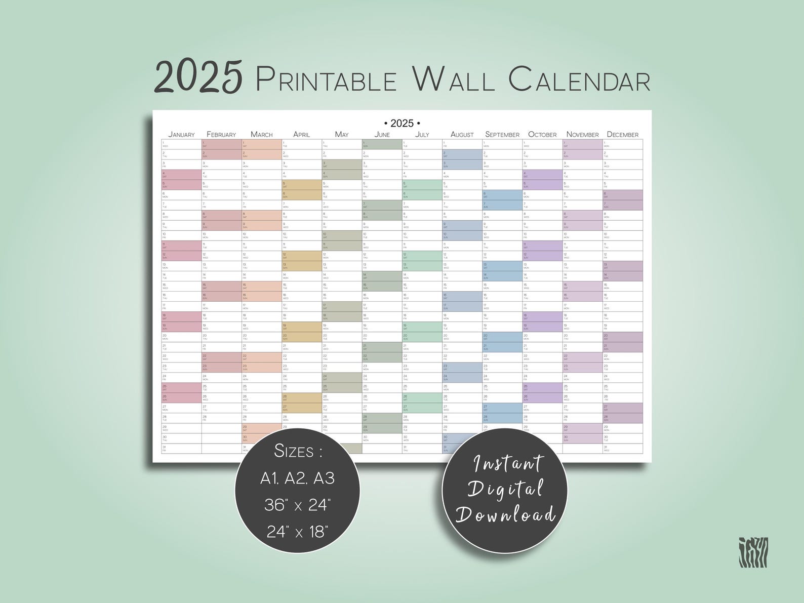 2025 Printable Large Wall Calendar | Year at A Glance Horizontal ...