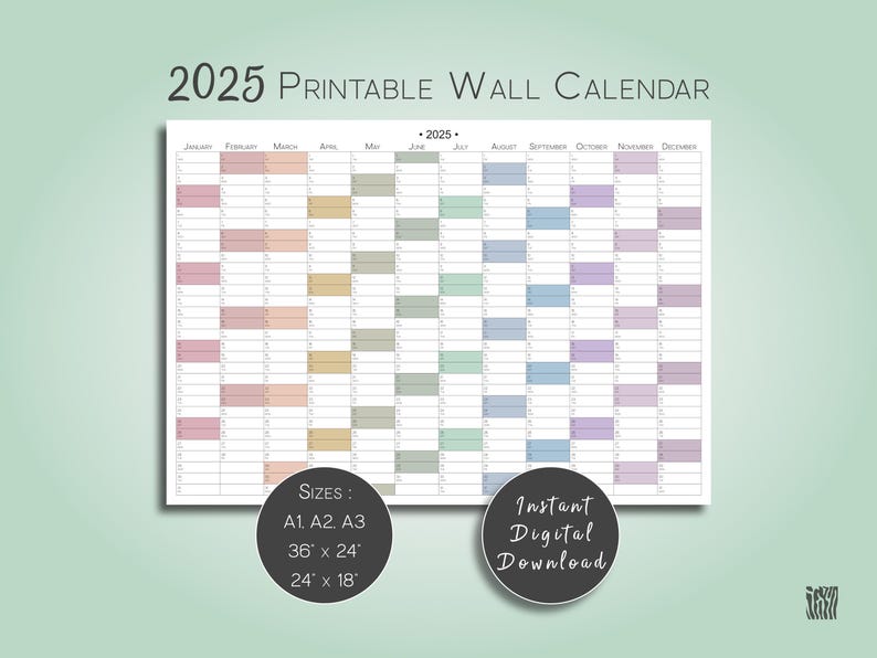 2025 Printable Large Wall Calendar | Year at A Glance Horizontal ...