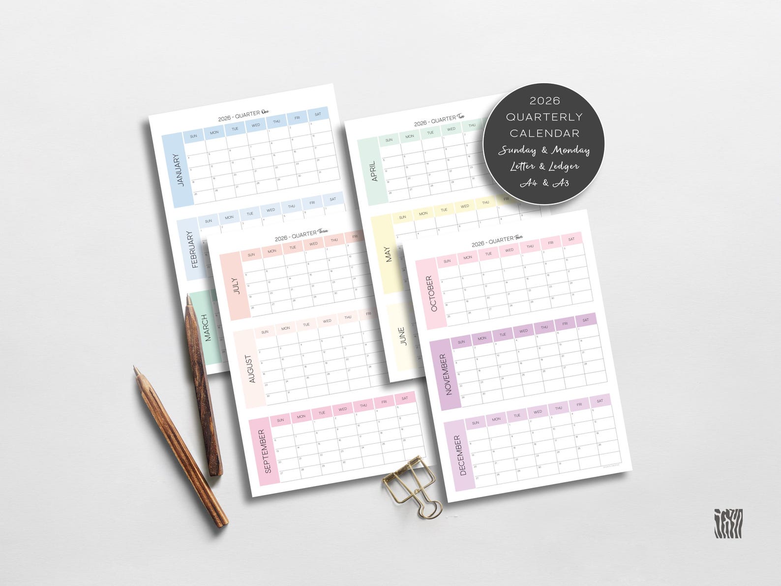 2026 Quarterly Calendar Printable | A3 A4 Letter Ledger Sizes With ...