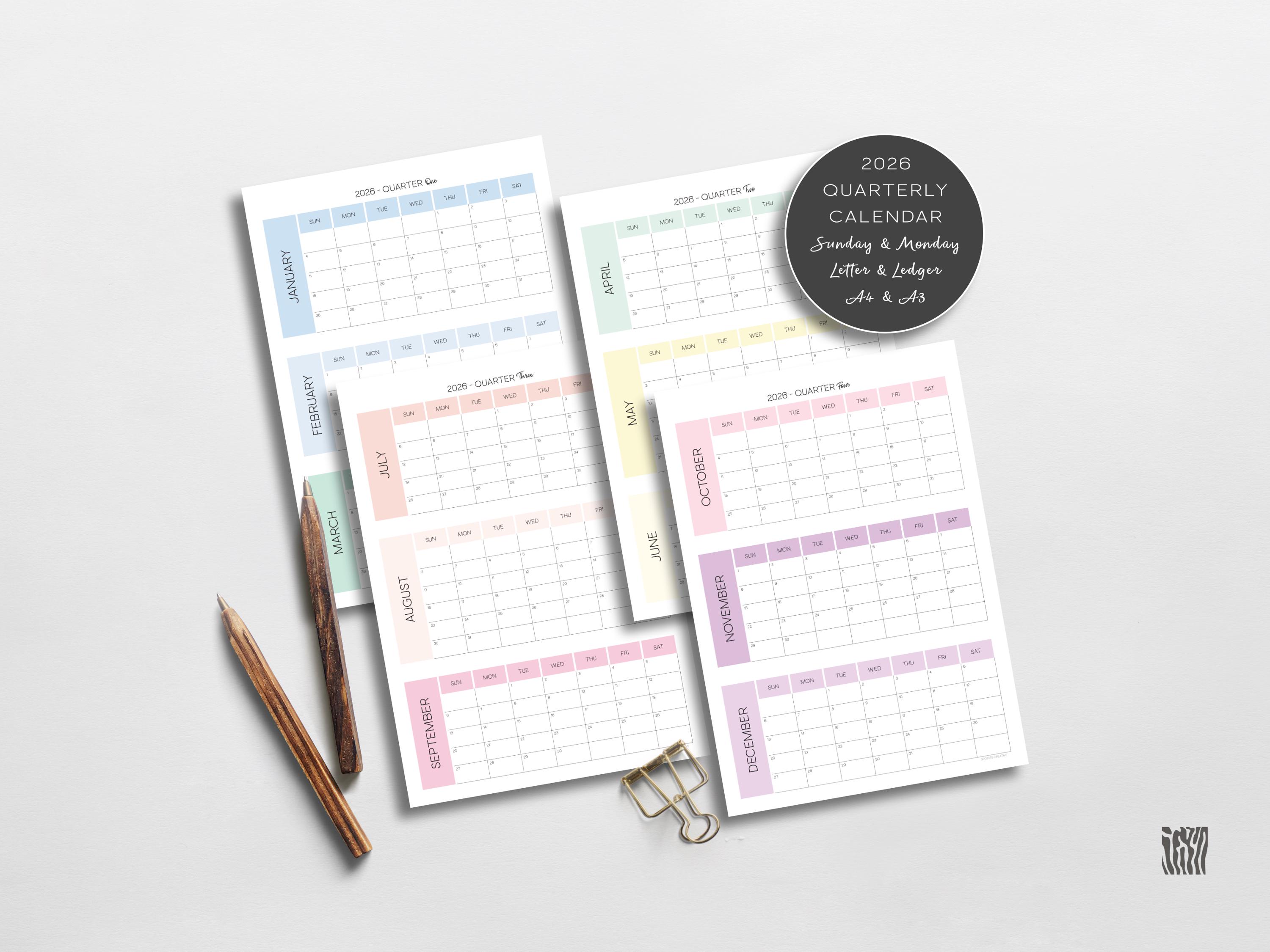 2026 Quarterly Calendar Printable | A3 A4 Letter Ledger Sizes With ...