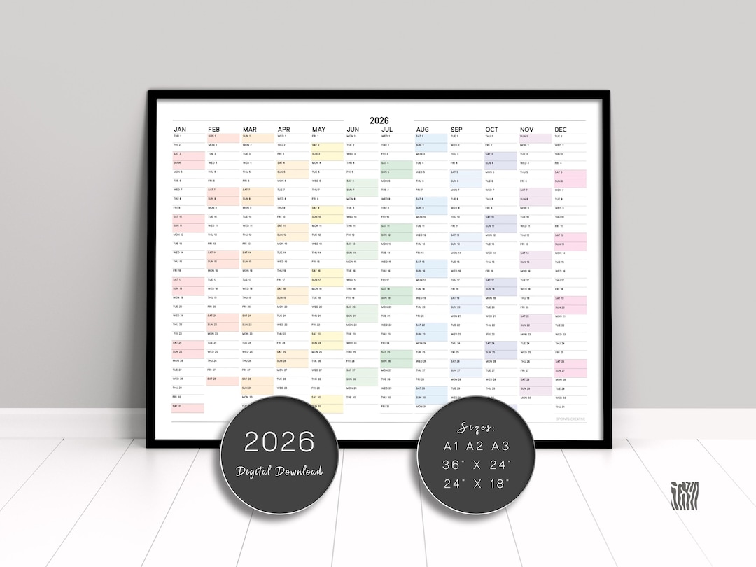 2026 Wall Planner Printable. One Page Year at A Glance Calendar in A1 ...