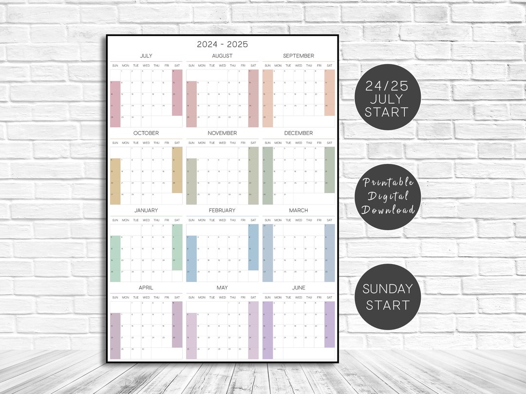 2024-2025 Printable July Wall Calendar, Sunday Start Academic Wall ...