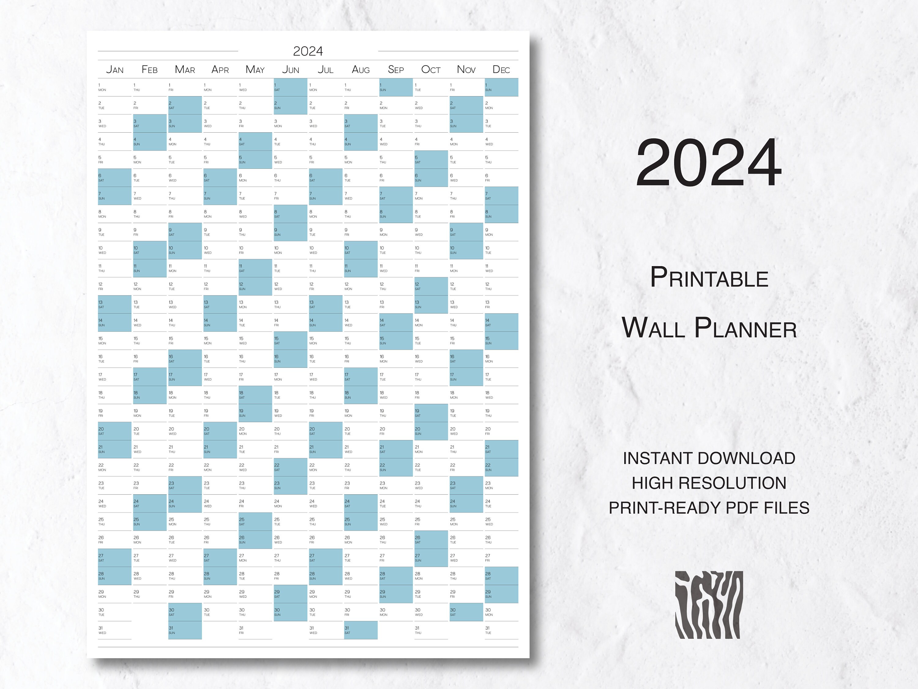 Printable Large Wall Calendar for 2024 in a Minimalist Blue Design ...