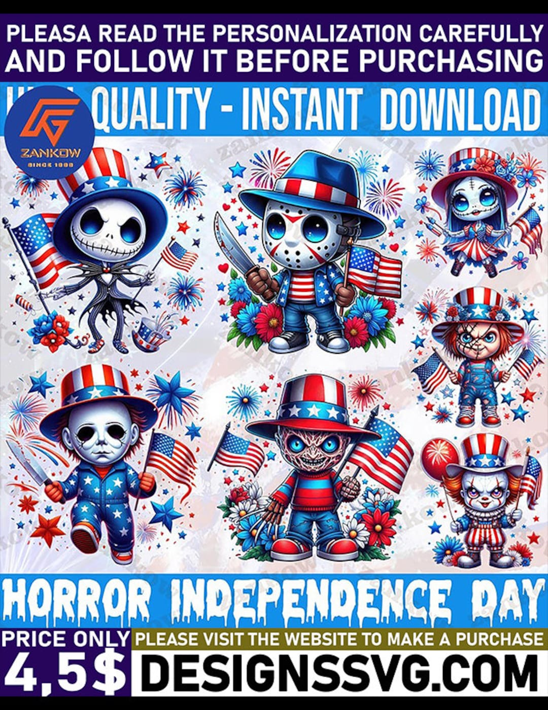 7 Horror Movie Fourth of July Png Bundle, Cartoon Independence Day Png ...