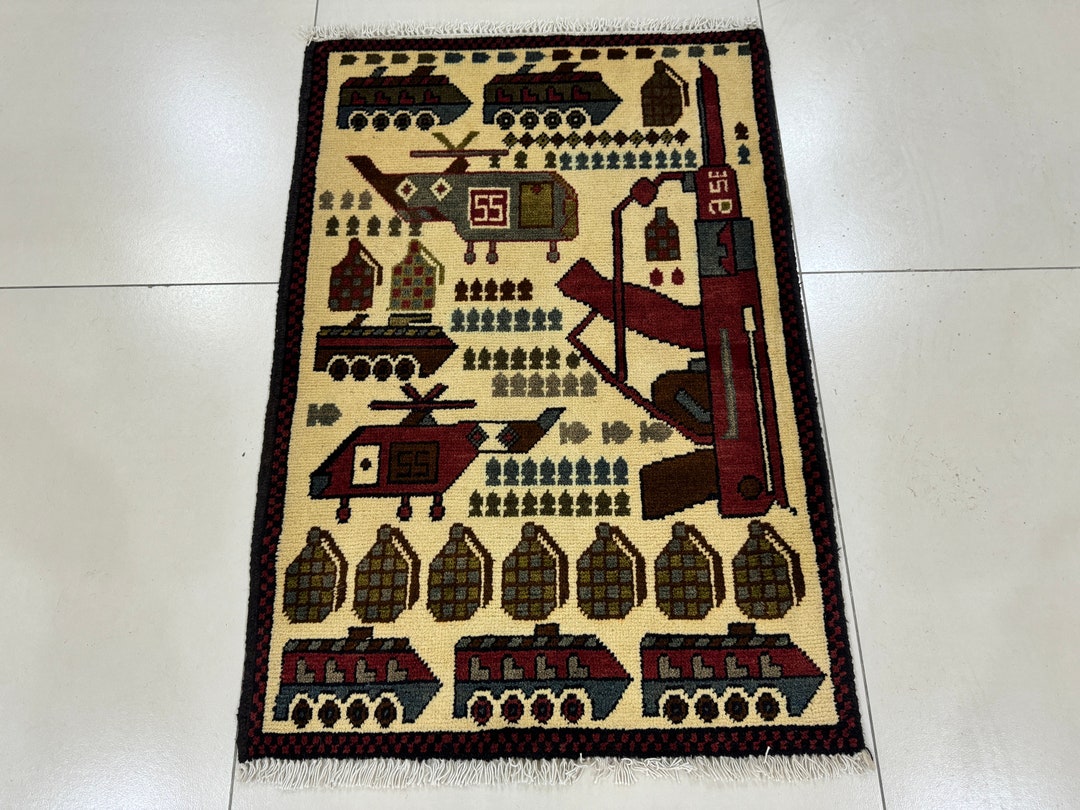 2x3 Ivory War Rug Iconic Kalashnikov Rug Afghan War Rug Grenade Rug ...