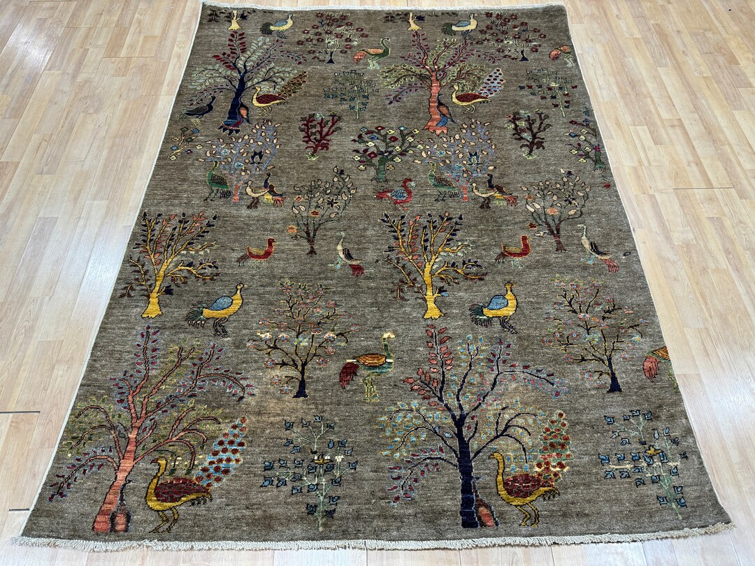 5x7 Natural Tree of Life Rug - Tree Rug - Birds Rug - Woolen Rug ...