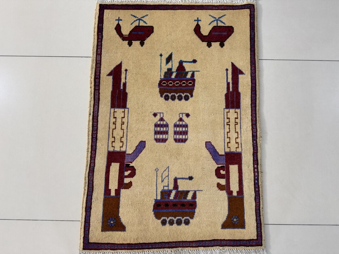 2x3 Ivory War Rug Iconic Kalashnikov Rug Afghan War Rug Grenade Rug ...