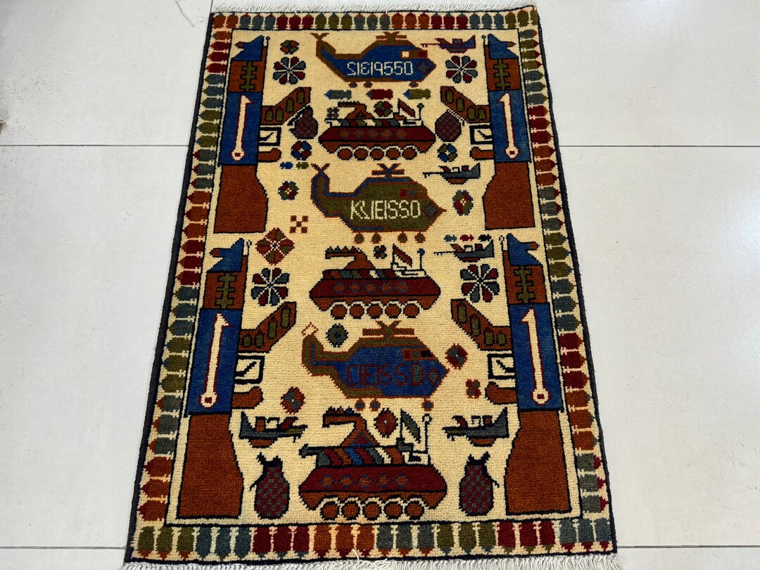 2x3 Ivory War Rug Iconic Kalashnikov Rug Afghan War Rug Grenade Rug ...