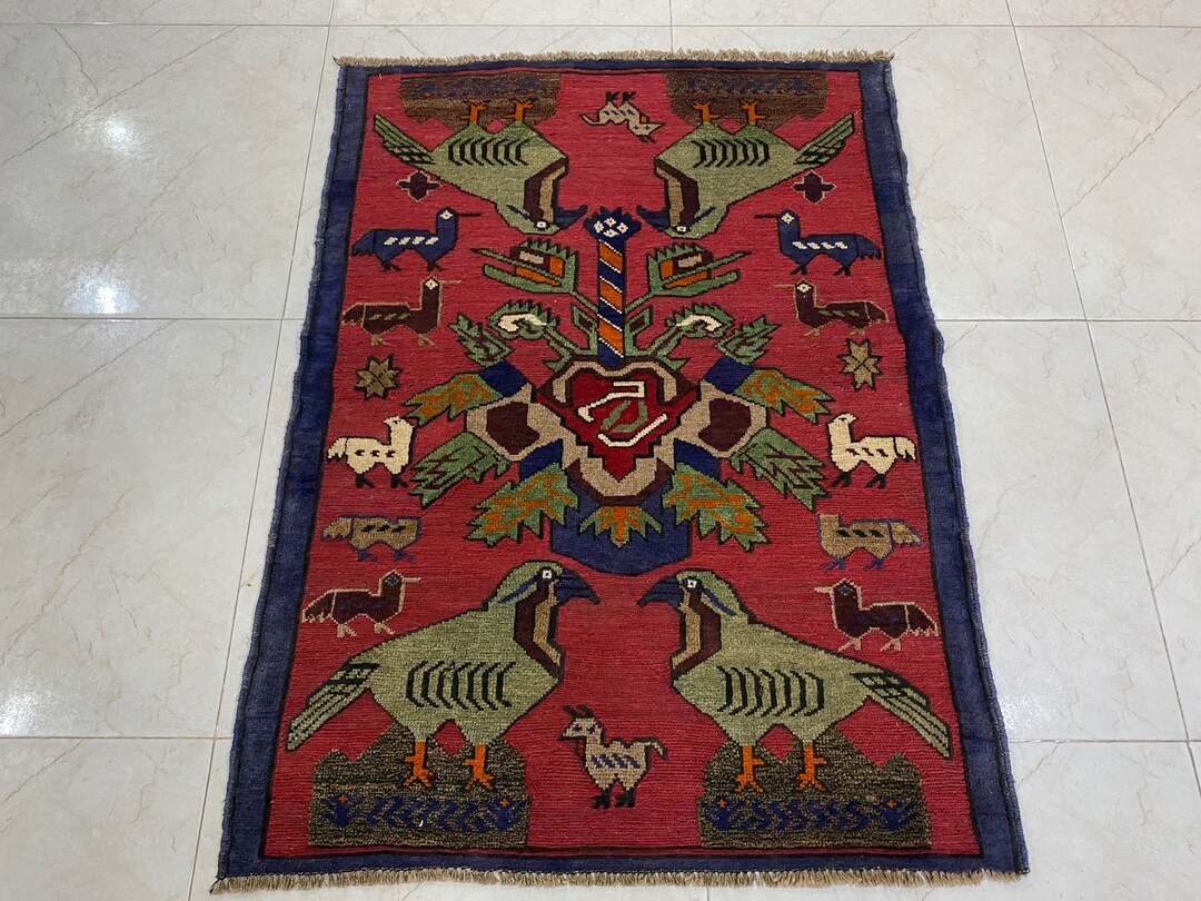 3x5 Hot Pink Pictorial Rug - Bird Rug - Piegoen Rug - Afghan Rug ...