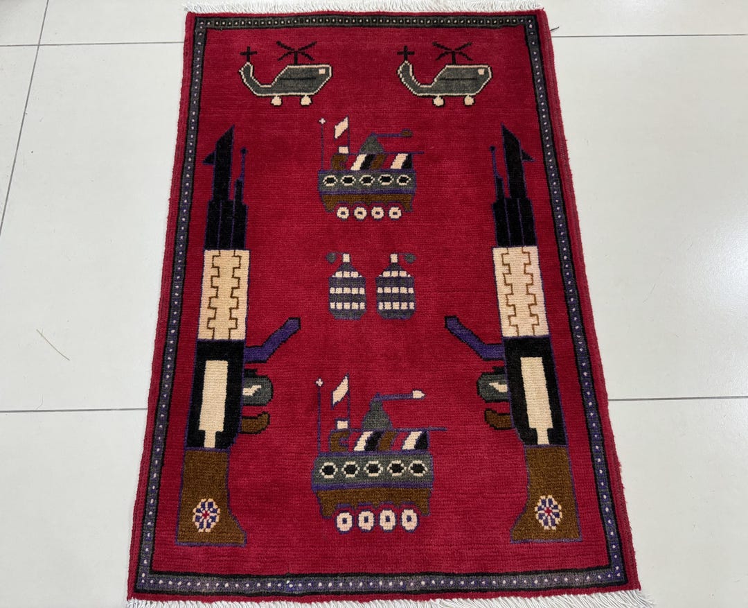 2x3 Red Color War Rug Iconic Kalashnikov Rug Afghan War Rug Grenade Rug ...
